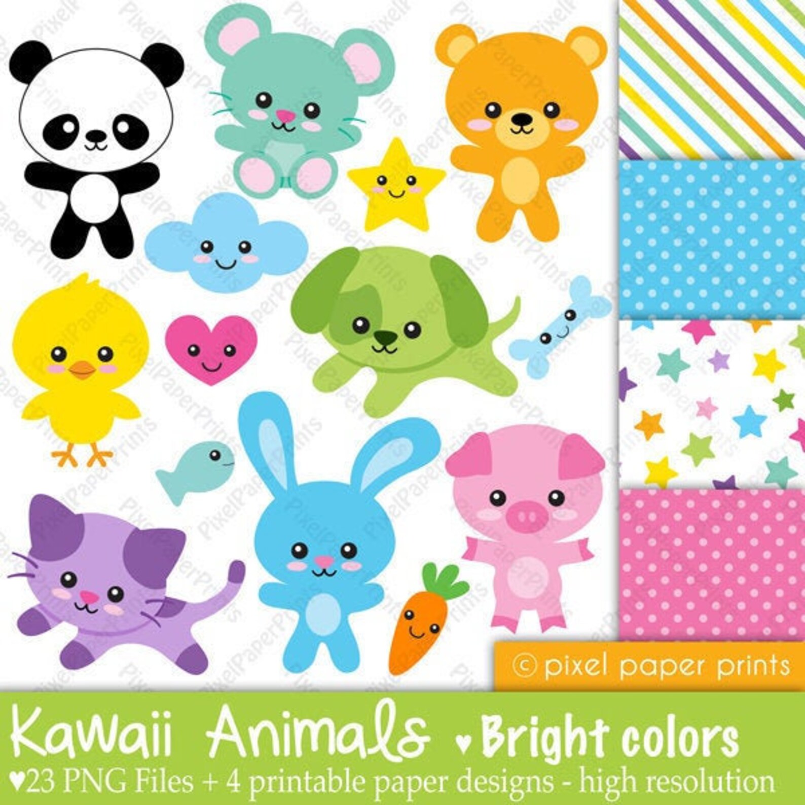 Kawaii Animals BRIGHT COLORS Clip Art and Digital Paper Set | Etsy