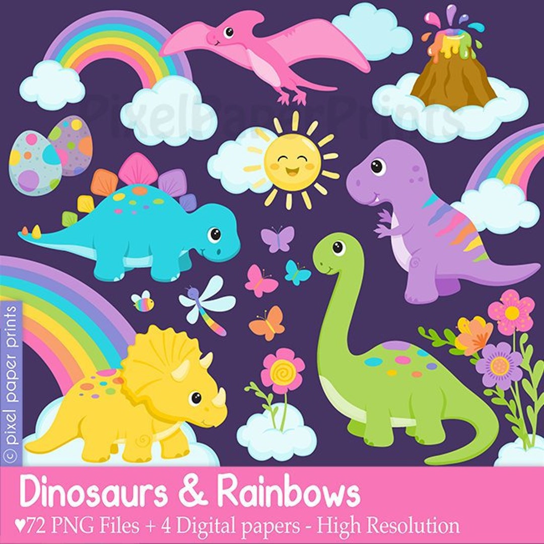 Dinosaur Clipart | Cute Dinosaurs and Rainbows | Digital Download of ...