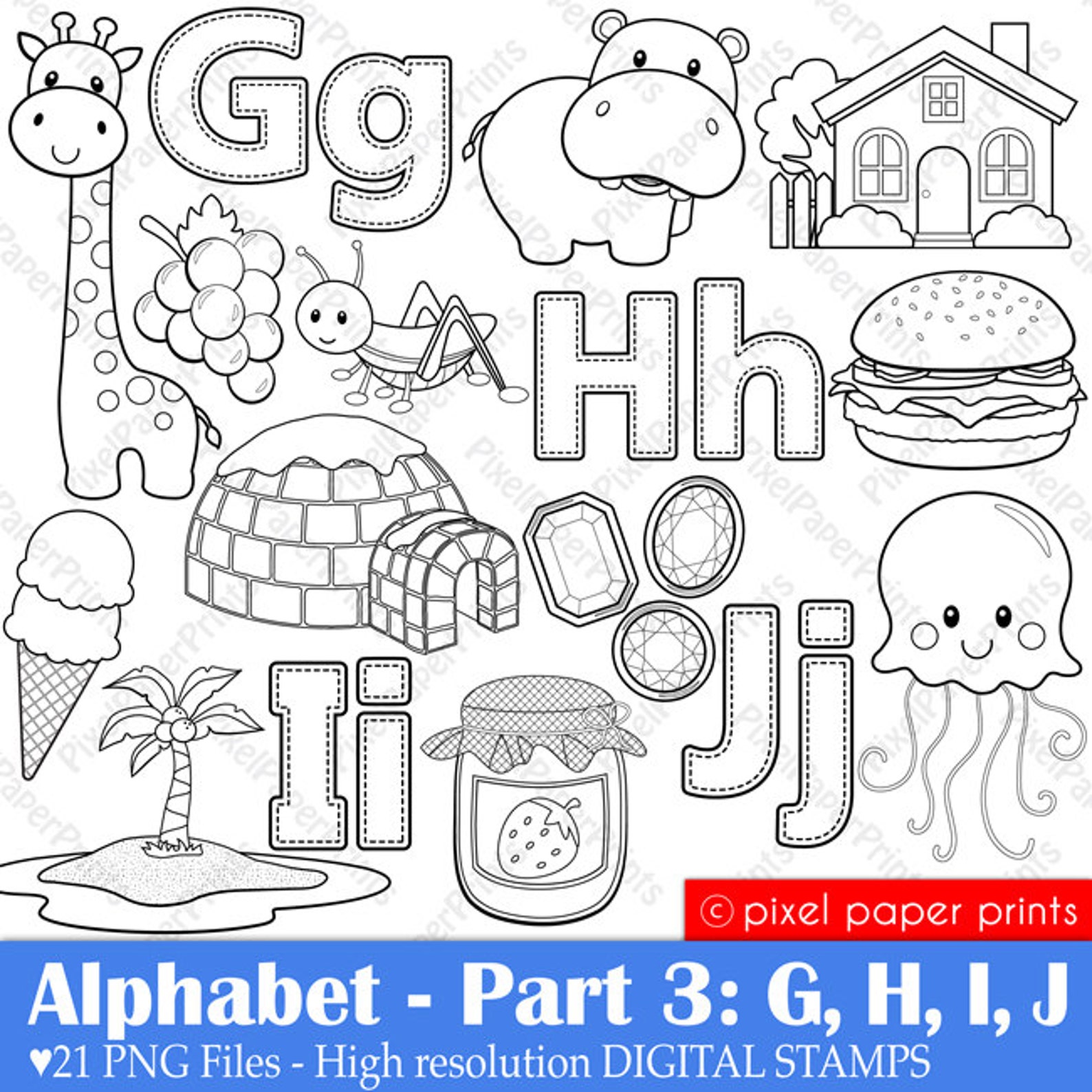 Alphabet Digital Stamps Part 3 GHIJ Clip Art School - Etsy