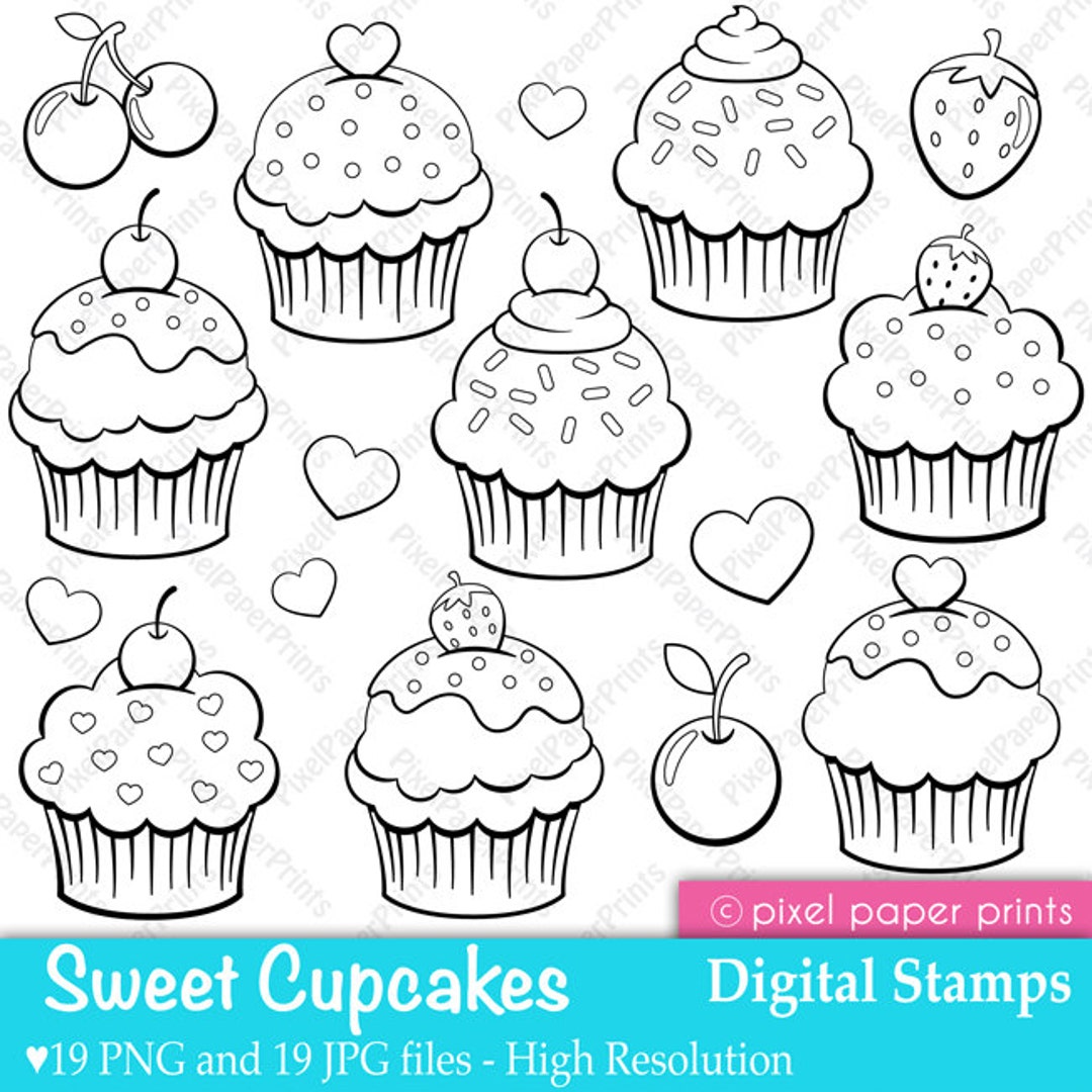 Cupcake Digital Stamps - Cupcake Clip Art - Line Art - Graphics for ...