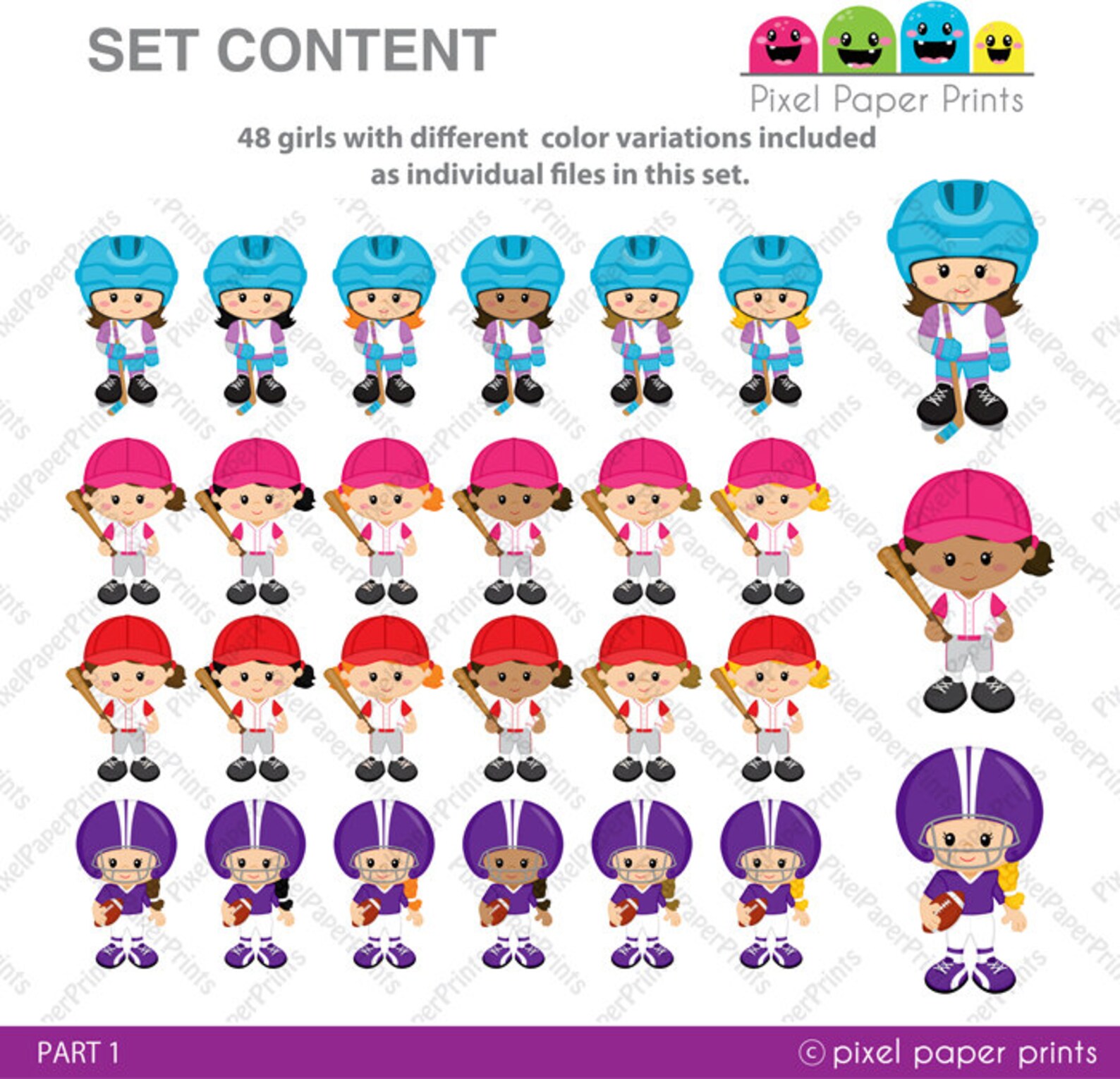 Sport Girls Clip Art and Digital Paper Set Sports Clipart | Etsy