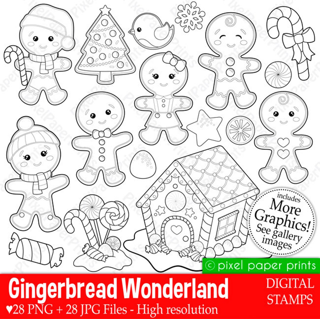 Gingerbread Clip Art - Digital Stamps Set - Line Art Graphics to Create ...