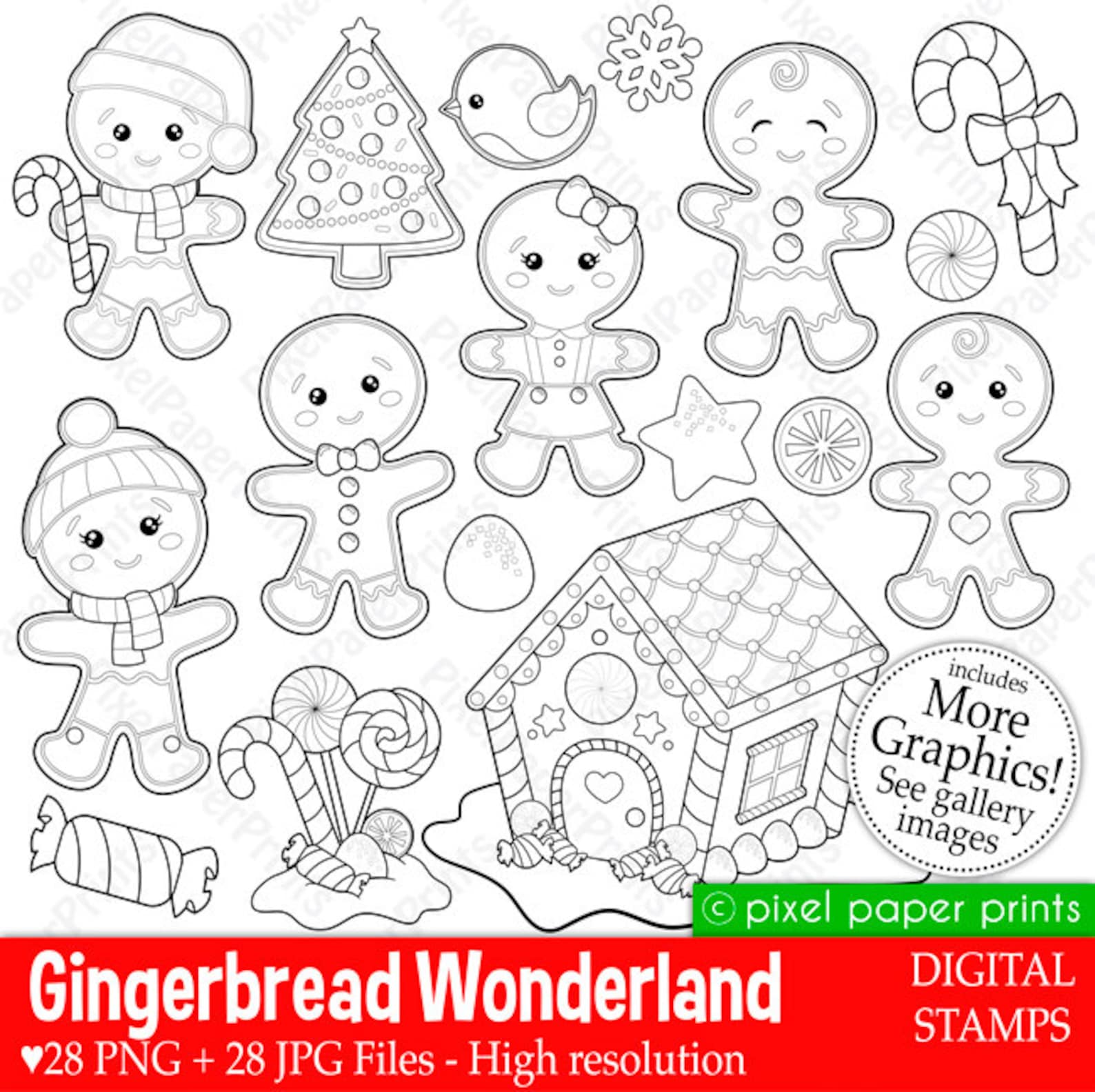 Gingerbread Clip Art Digital Stamps Set Line Art Graphics to Create ...
