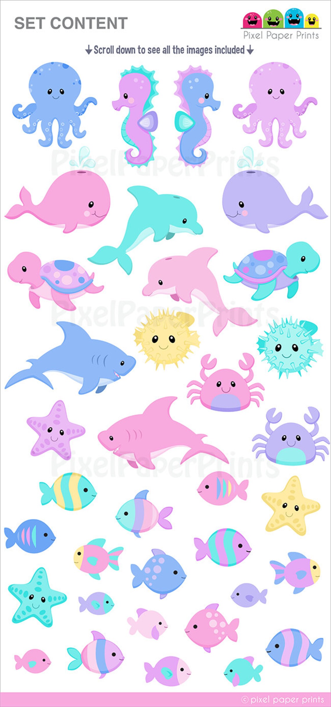 Cute Sea Animals Clipart Sea Creatures Clip Art Digital - Etsy