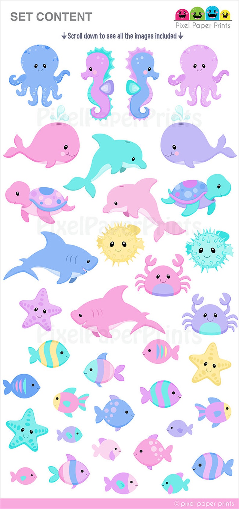 Cute Sea Animals Clipart Sea creatures clip art Digital | Etsy