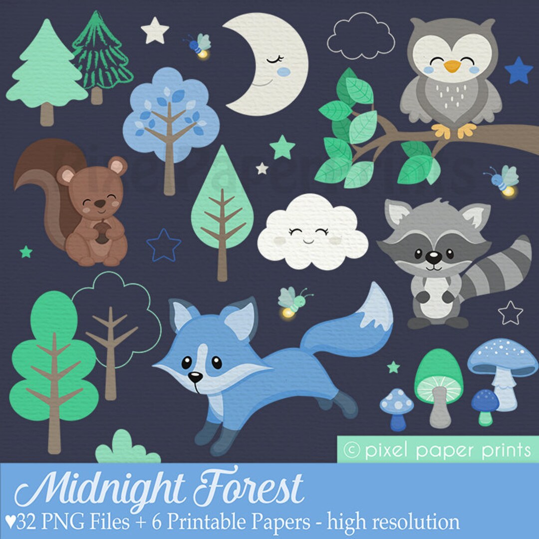 Woodland Animals Clip Art - Midnight Forest - Cute Animals - Clipart ...