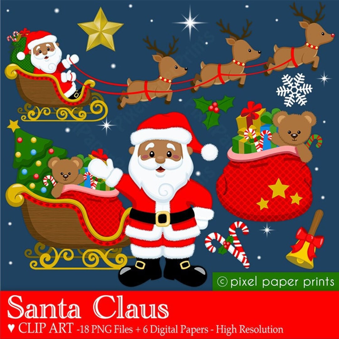 Christmas Clipart - Black Santa Claus - Clip Art and Digital Paper Set ...