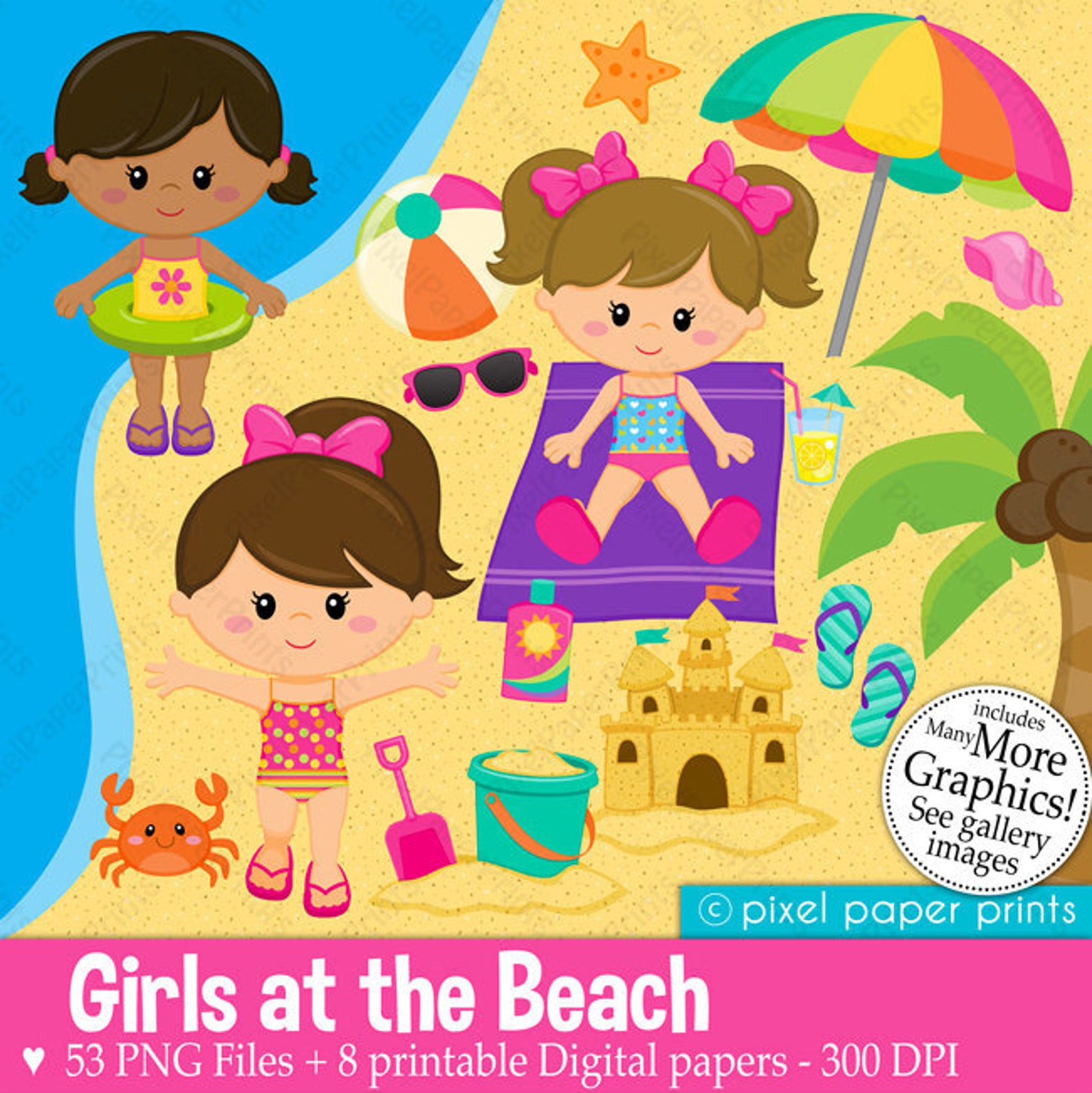 Girls at the Beach Clipart Clip Art and Digital Paper Set - Etsy