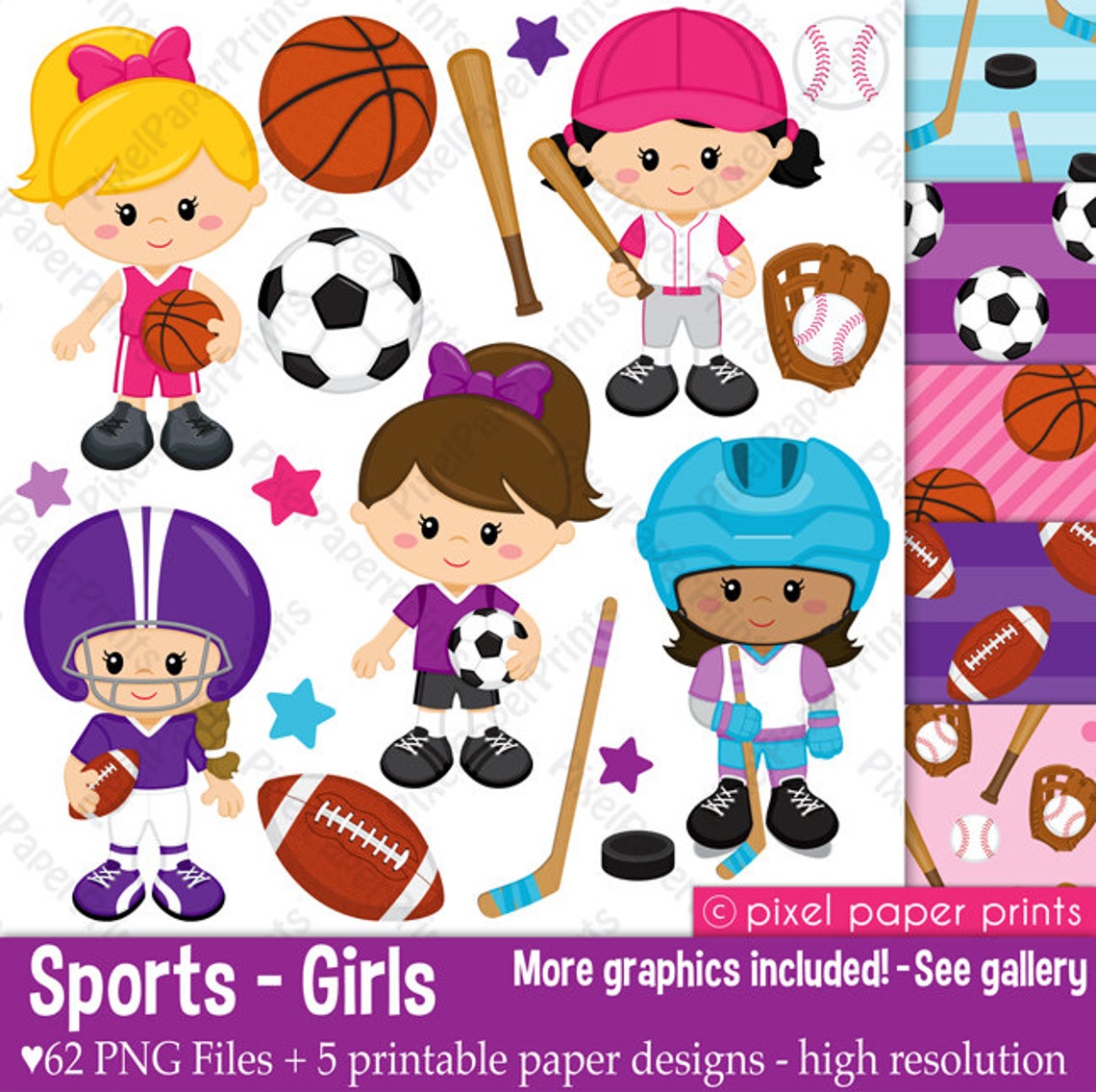 Sport Girls Clip Art and Digital Paper Set Sports Clipart | Etsy