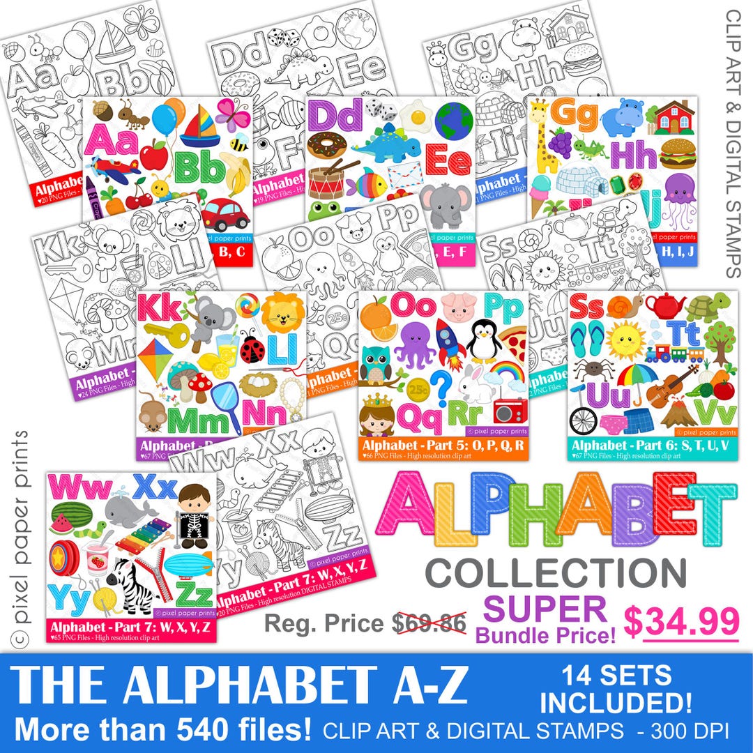Complete Alphabet Clipart Bundle | Full-color and Black & White Pngs ...