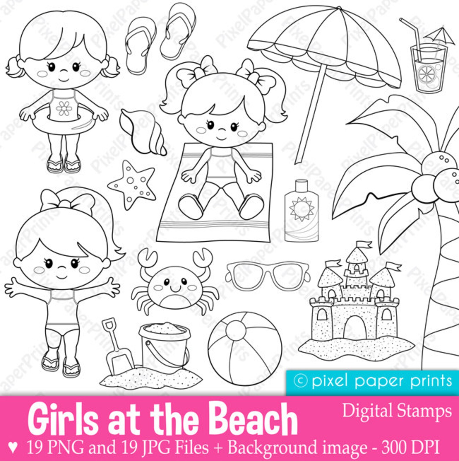 Girls at the Beach - Digital Stamps - Etsy