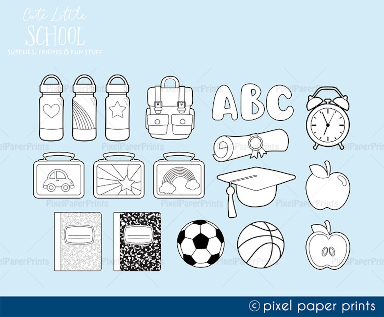School Supplies Digital Stamps - Cute Little School - Clip Art - Line ...