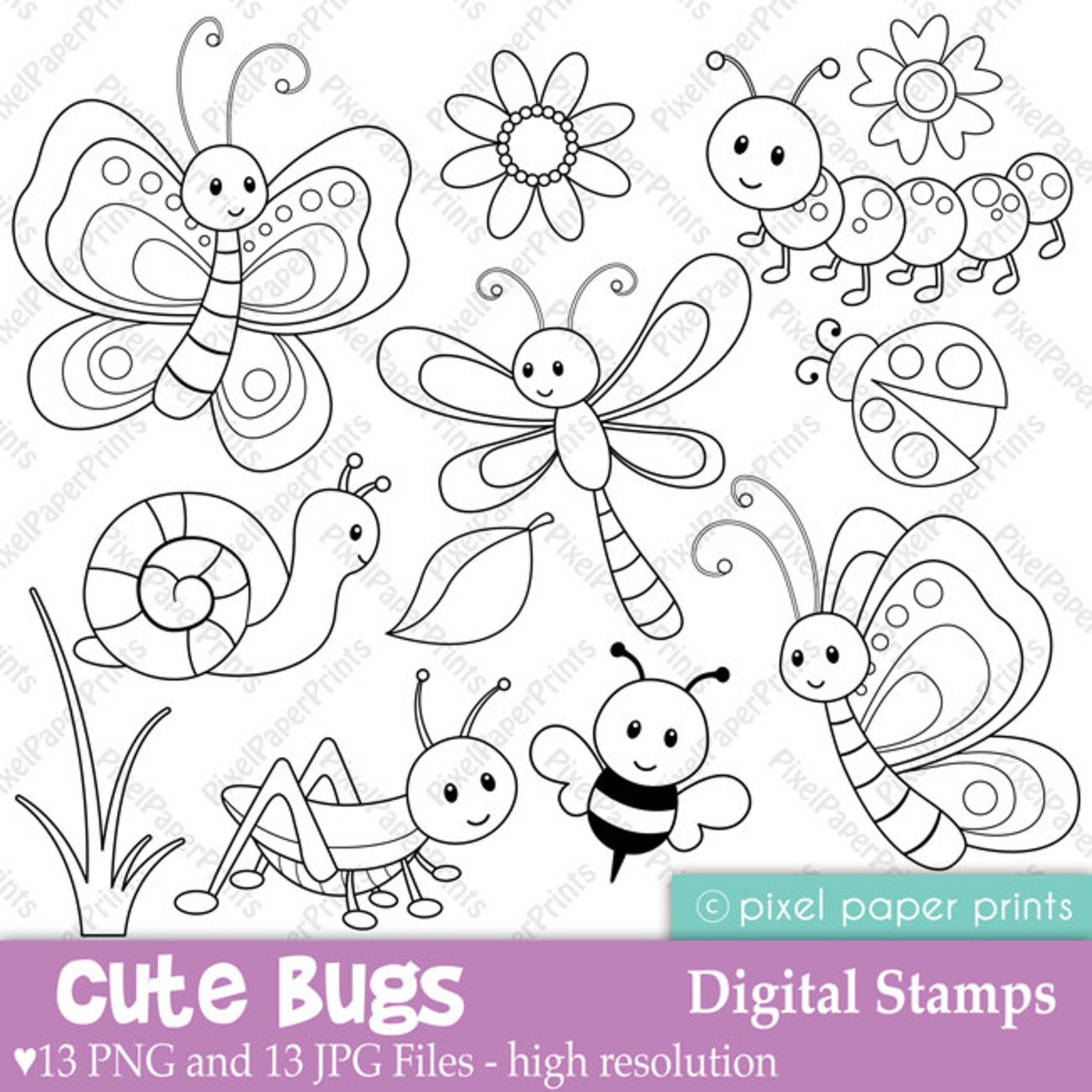 Cute Bugs Digital Stamps - Etsy