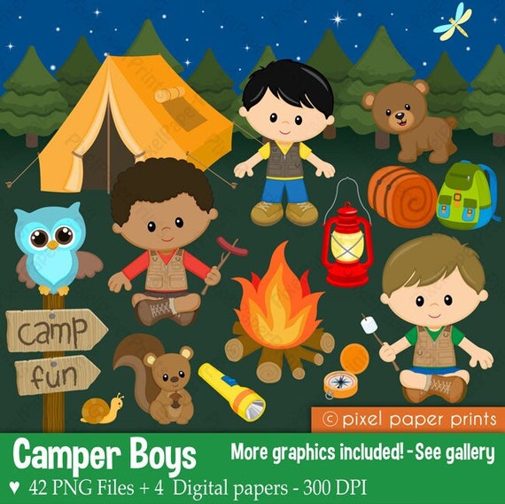 Camper Boys Clip Art and Digital Paper Set Camping Clipart | Etsy