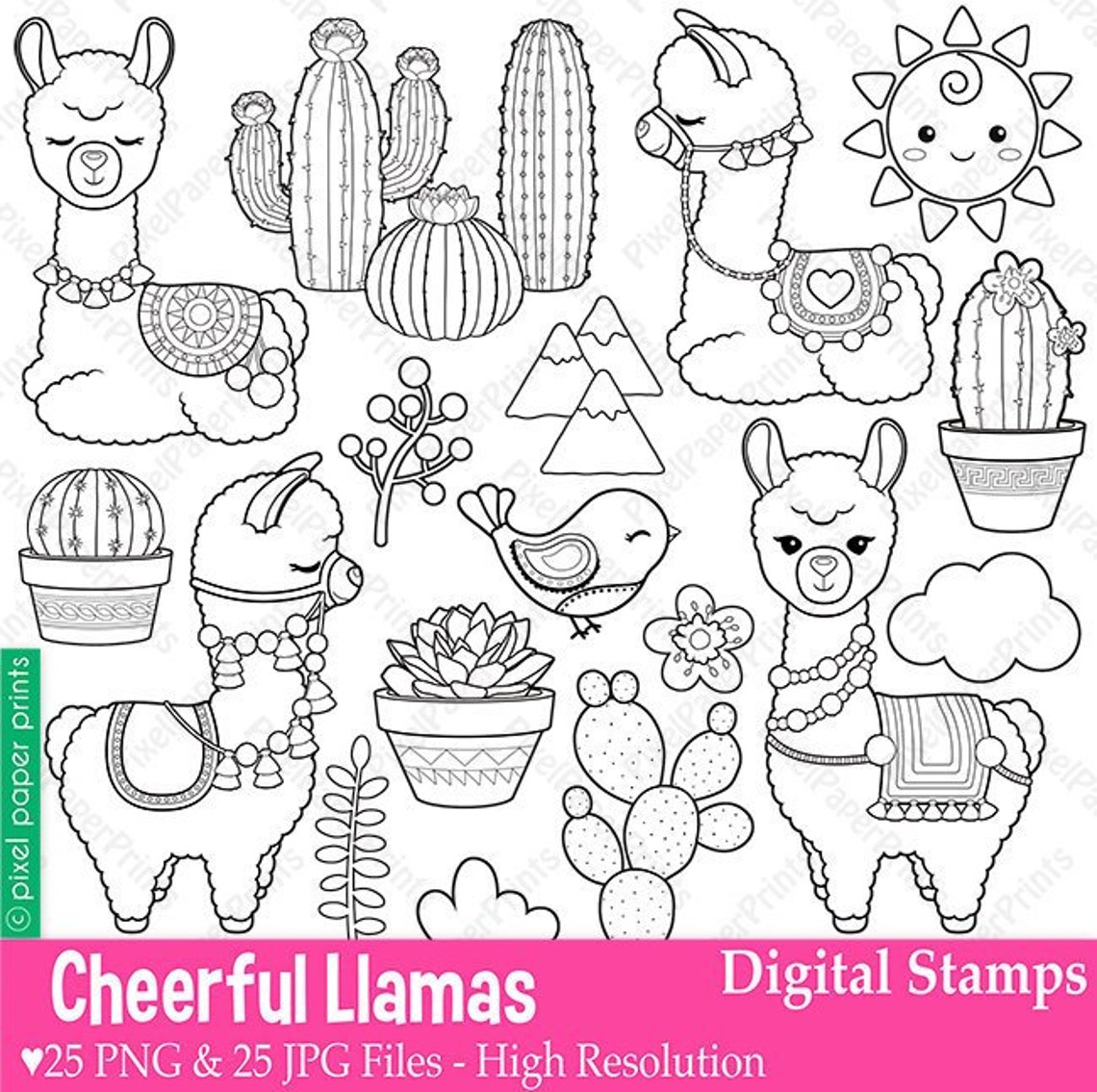 Llama Digital Stamps - Clip Art - Line Art Graphics to Create Coloring ...