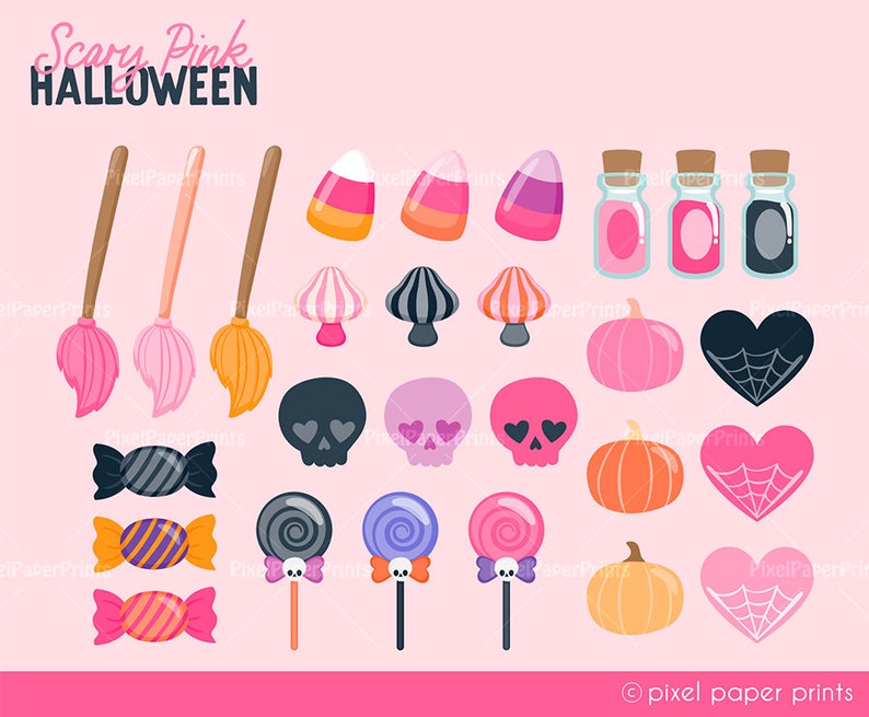 Scary Pink Halloween - Clip Art and Digital Paper Set - Cute Witch ...
