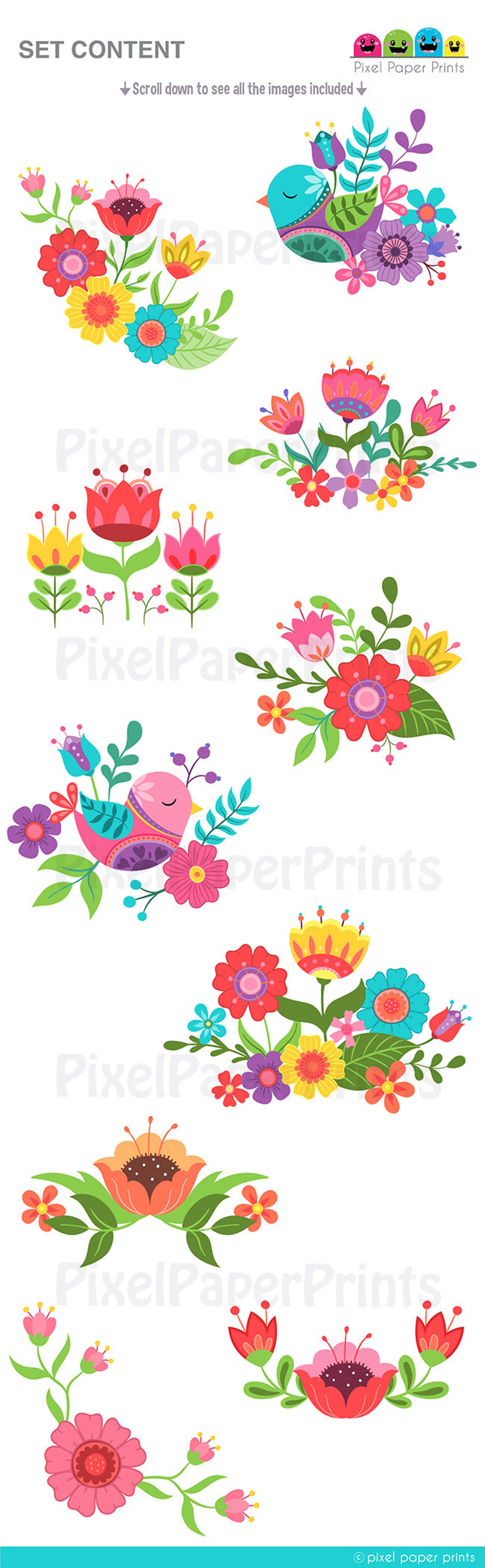 Folksy Flowers Digital Download Flower Clipart - Etsy
