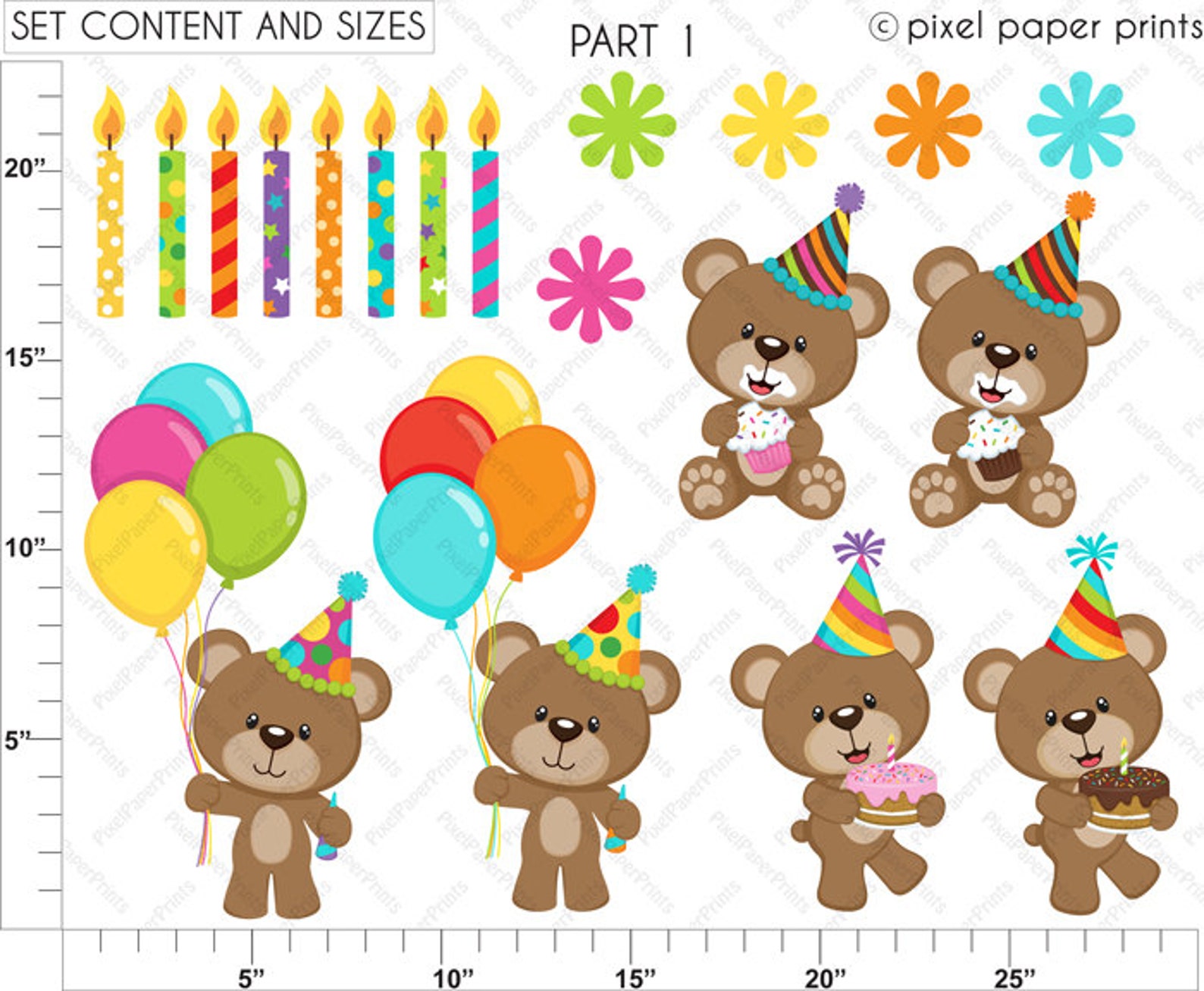 Birthday Bear Clipart and Digital Paper Set Digital - Etsy