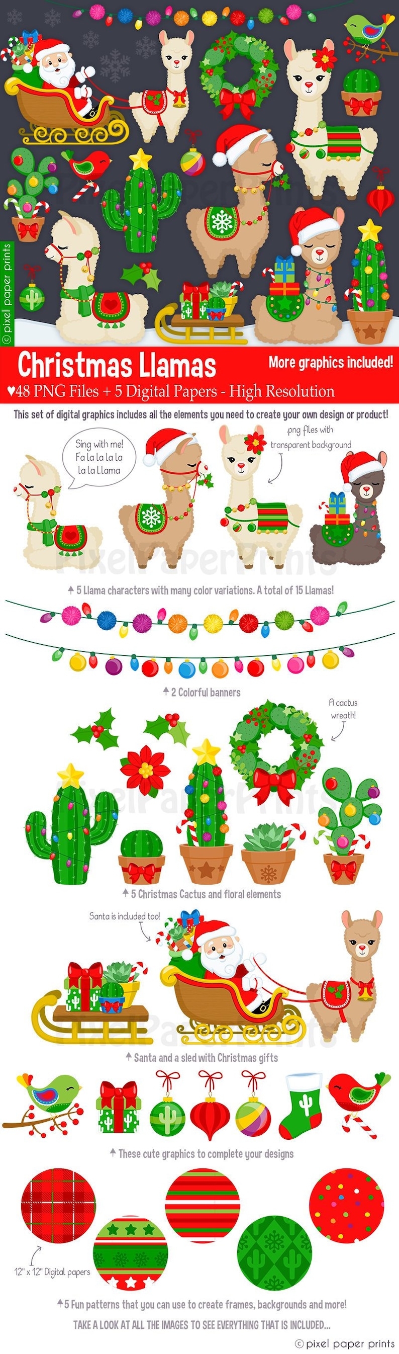 Christmas Llamas - Decorated Llama - Clipart - Christmas Alpaca Clip ...