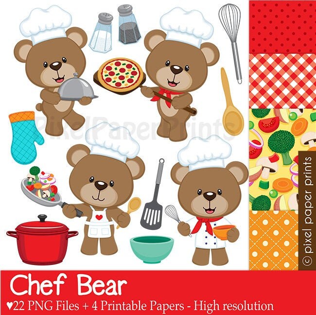 Chef Bear - Clip Art and Digital Paper Set - Kids Cooking - Digital ...