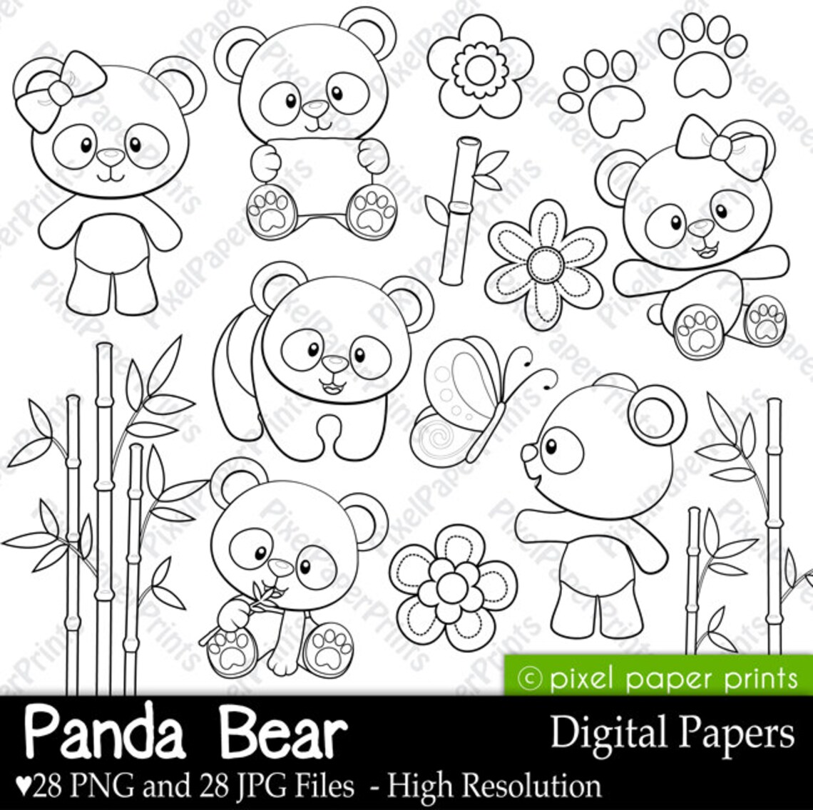 Panda Bear Digital Stamps Clipart - Etsy