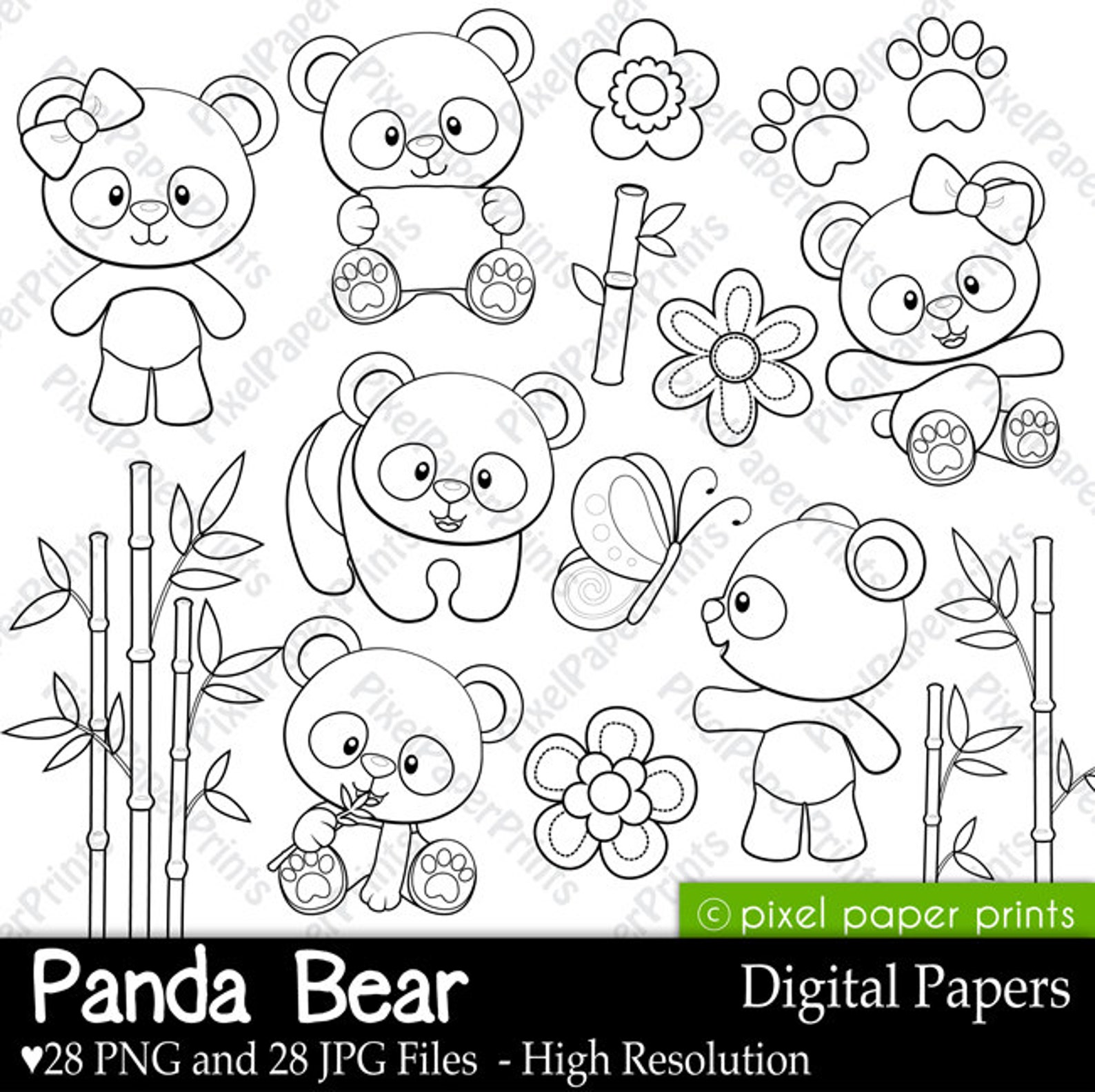 Panda Bear Digital Stamps Clipart - Etsy