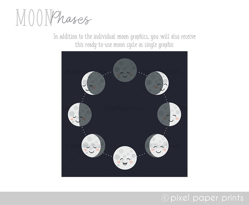 Moon Phases Clipart Digital Download Cute Moon Clipart - Etsy