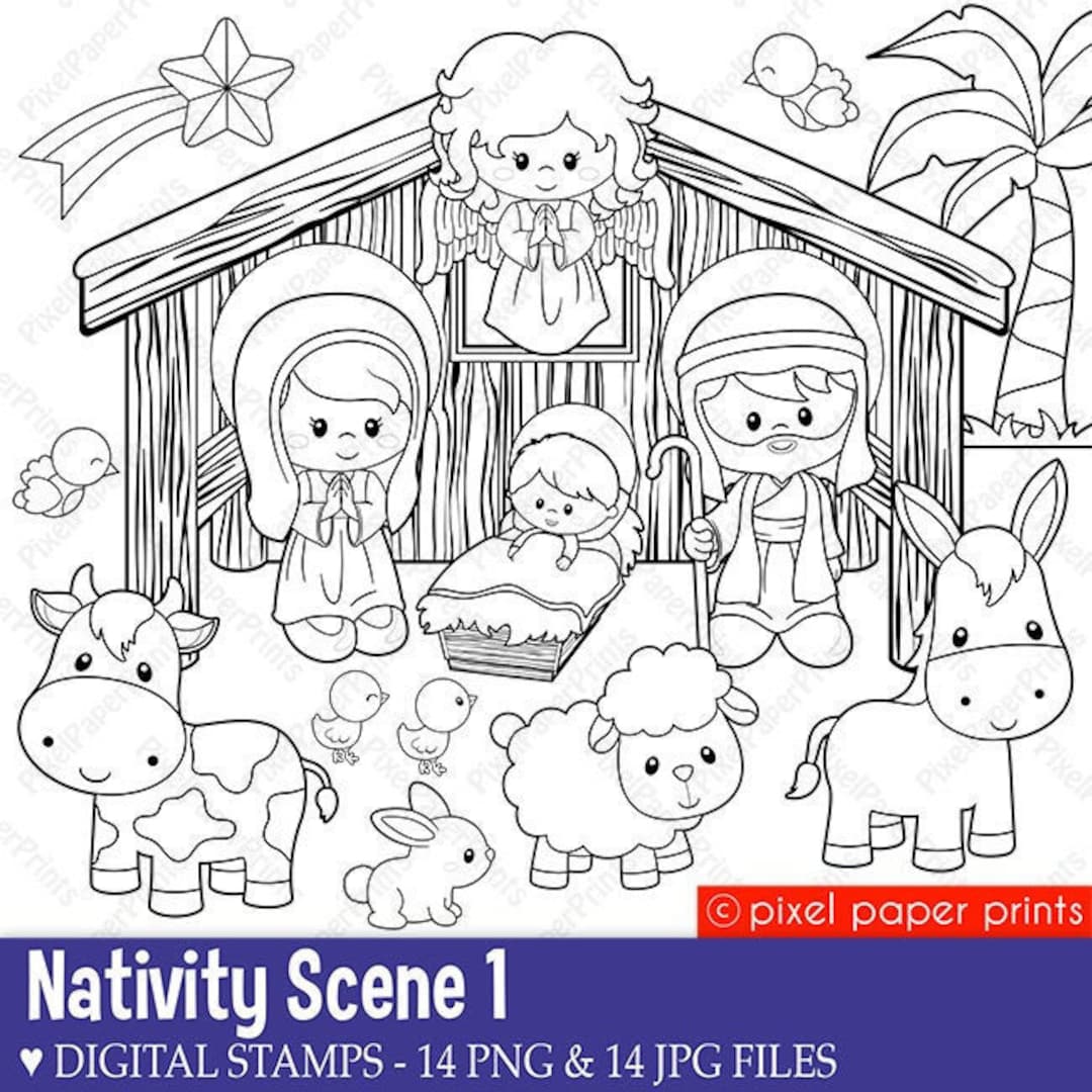 Nativity Clip Art - Christmas Digital Stamps - Line Art Graphics to ...