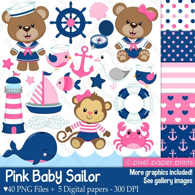 Pink Baby Sailor Clip Art and Digital Paper Set Nautical - Etsy