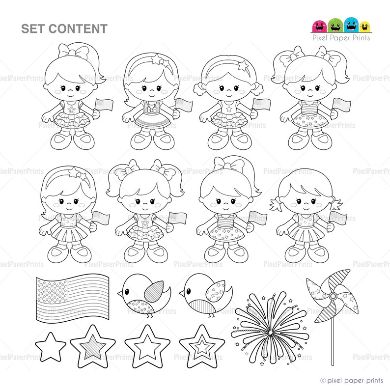 American Girls - Digital Stamps - Clipart - Line Art - Etsy