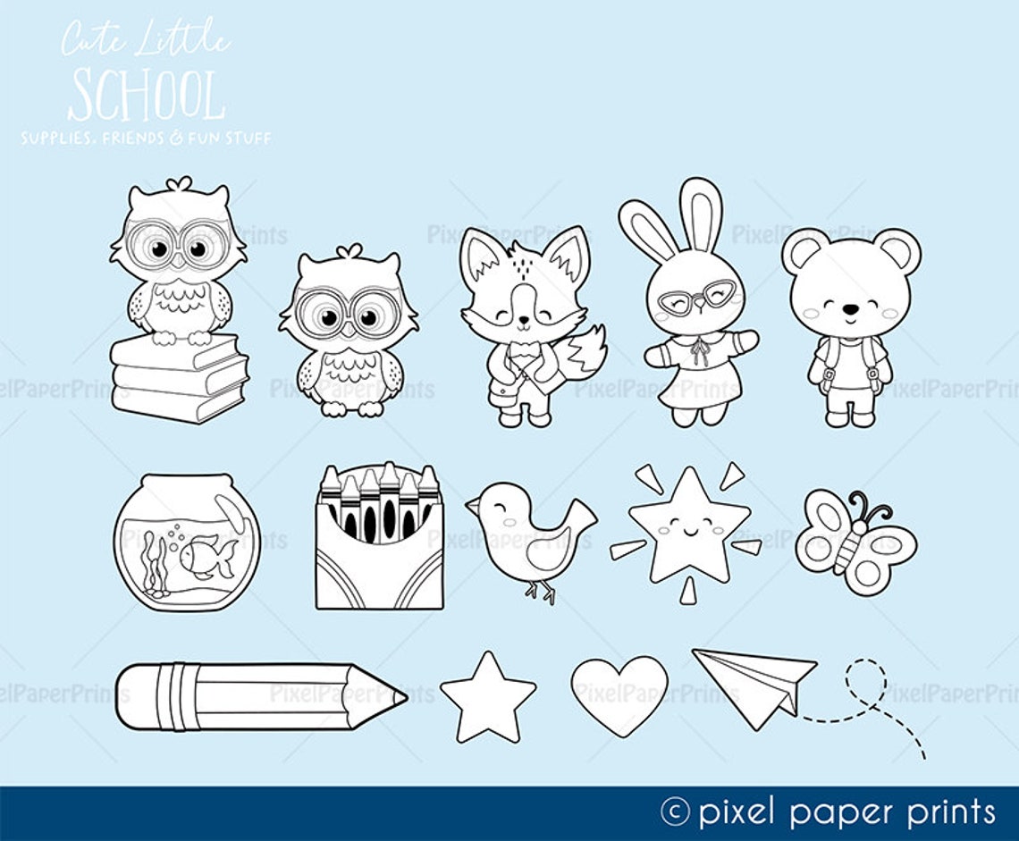 School Supplies Digital Stamps - Cute Little School - Clip Art - Line ...