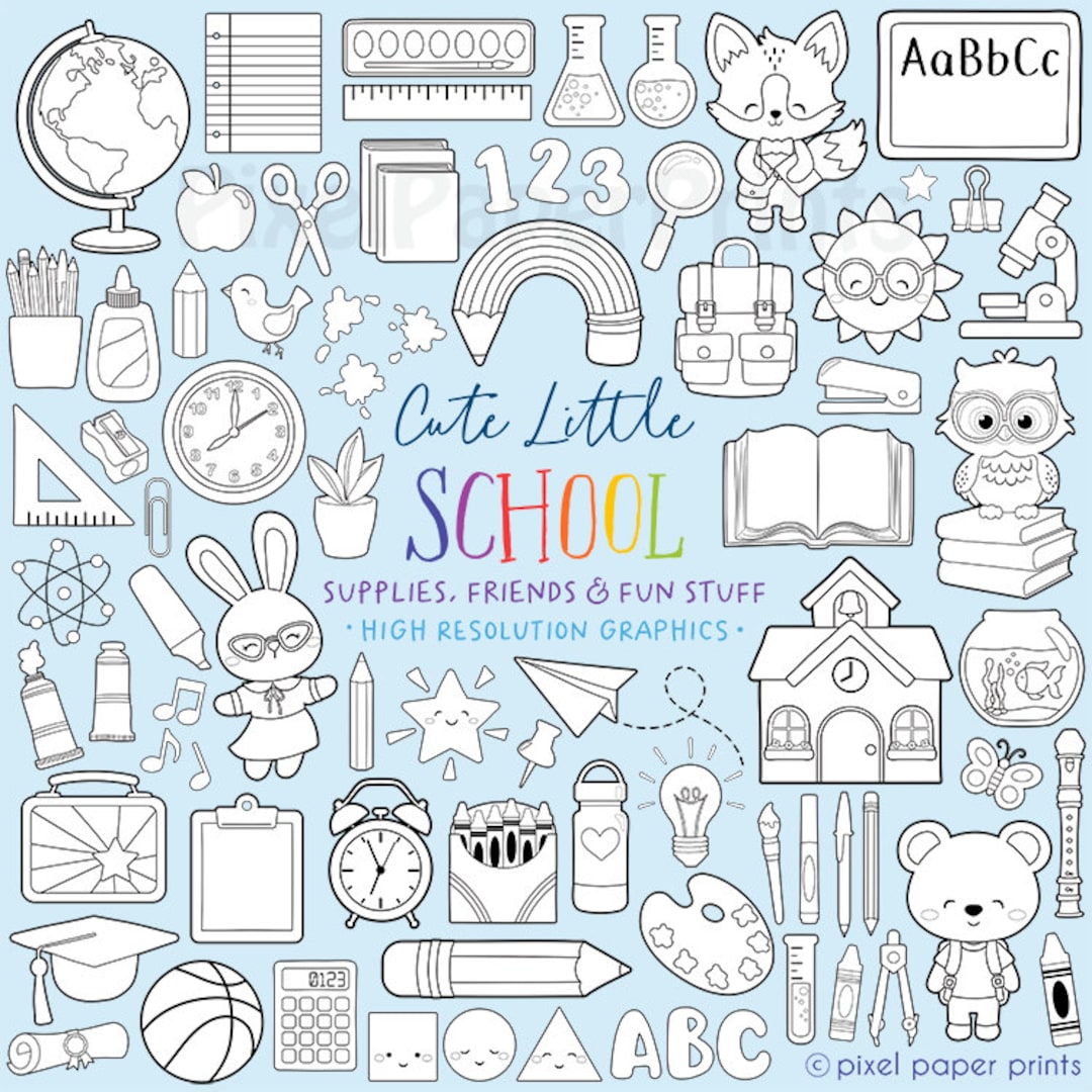 School Supplies Digital Stamps - Cute Little School - Clip Art - Line ...