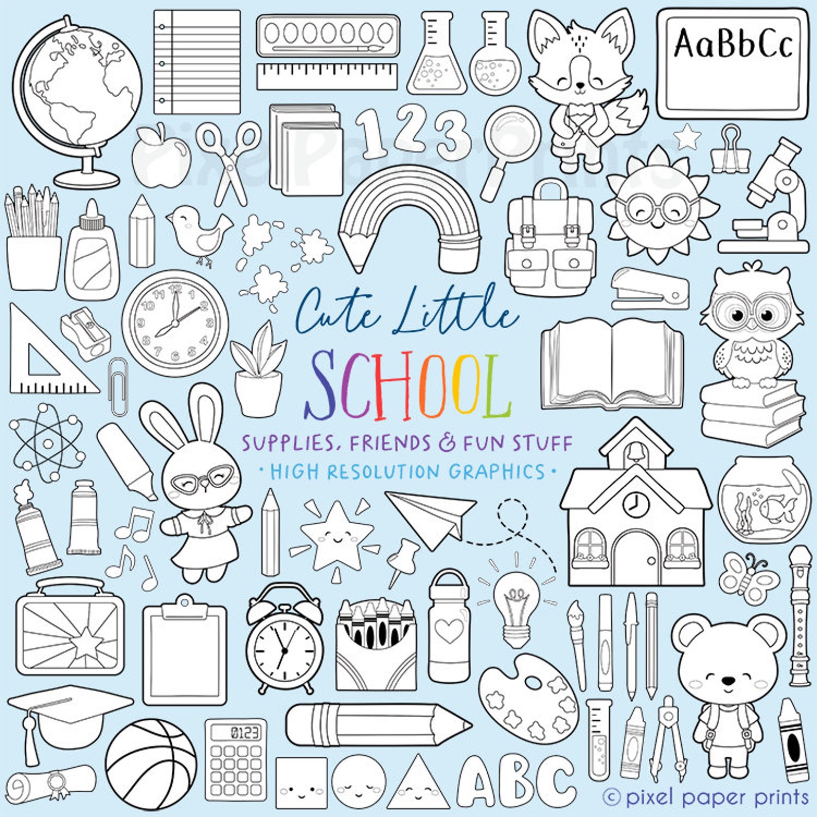 School Supplies Digital Stamps - Cute Little School - Clip Art - Line ...