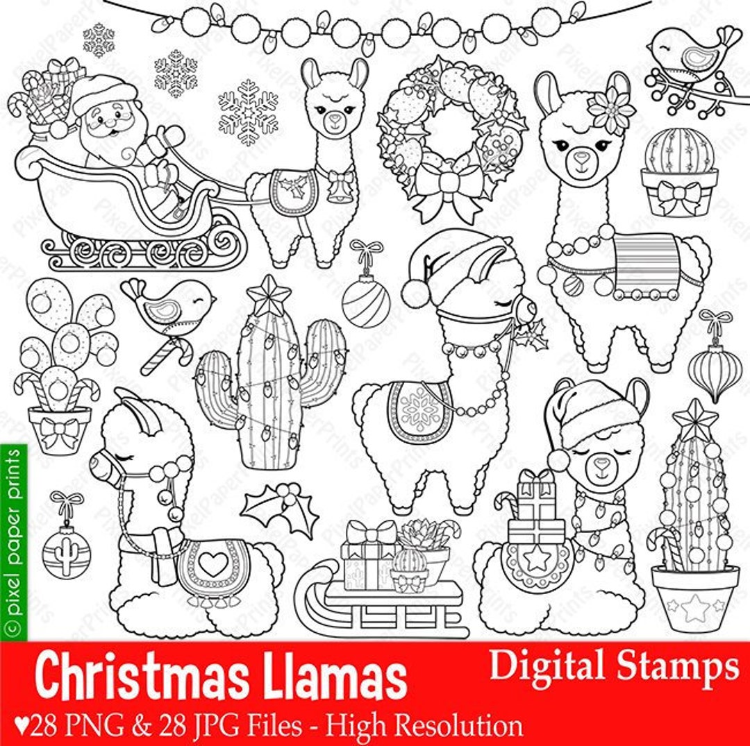 Christmas Llama Digital Stamps, Alpaca Stamps, Line Art - Etsy