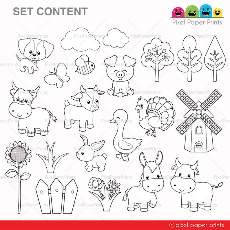 Farm Animals Digital Stamps Clip Art Line Art Digital - Etsy
