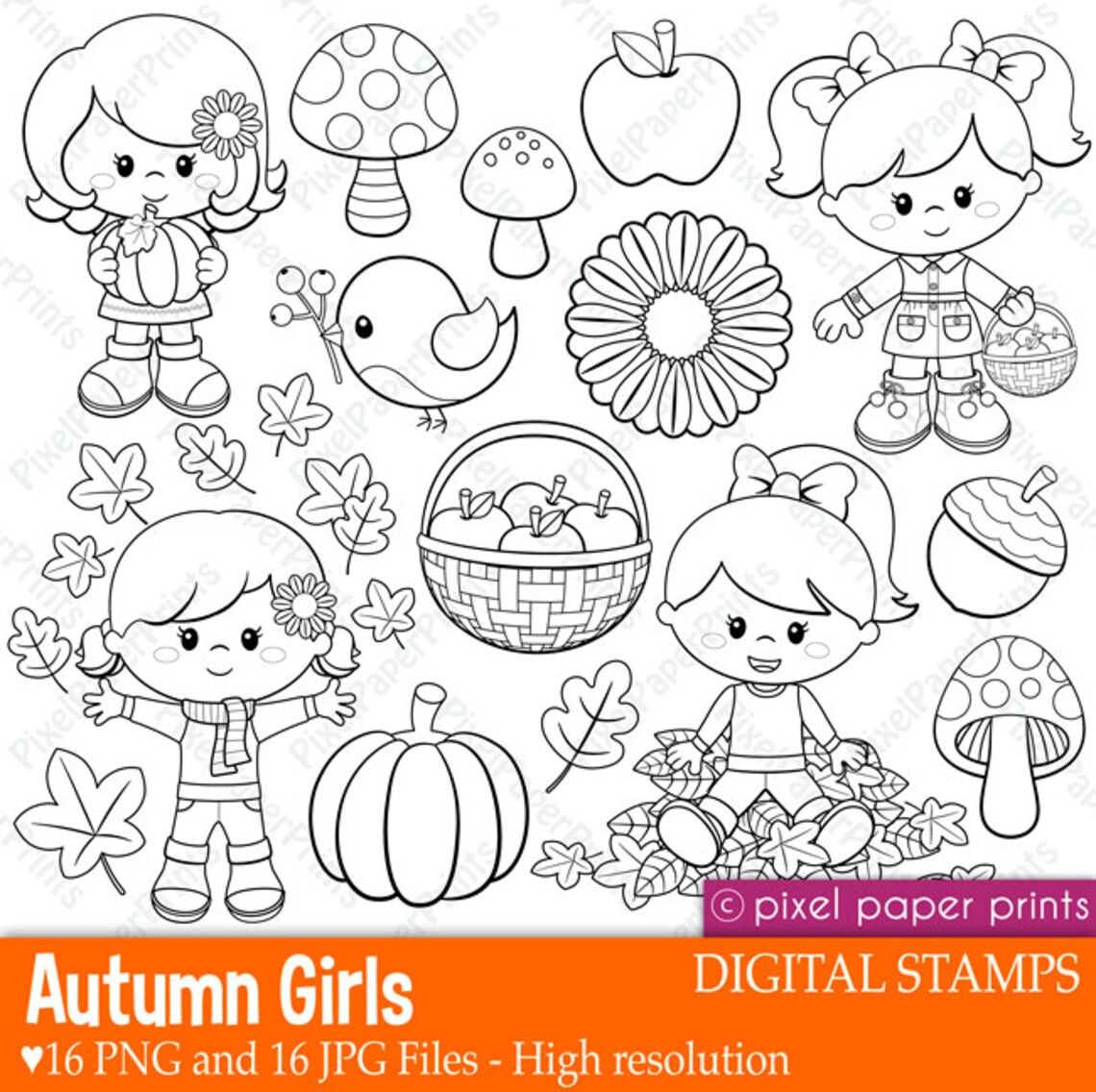 Autumn Girls Digital Stamps Clipart Fall Line Art - Etsy