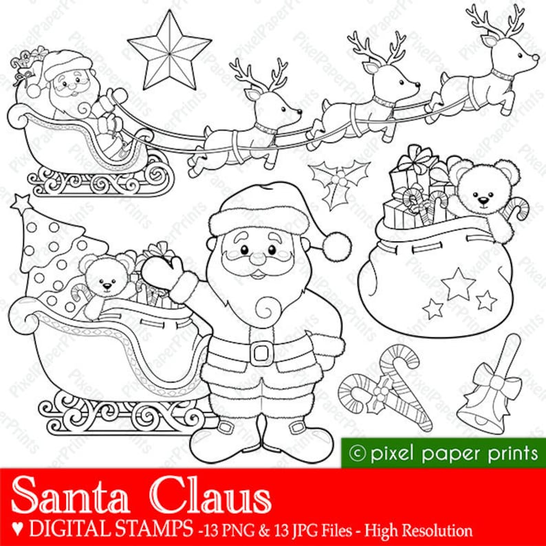 Santa Claus Digital Stamps - Christmas Clipart - Line Art - for Crafts ...