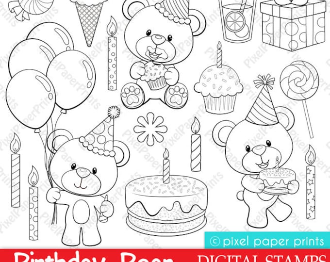 Birthday Bear Digital Stamps Clipart - Etsy