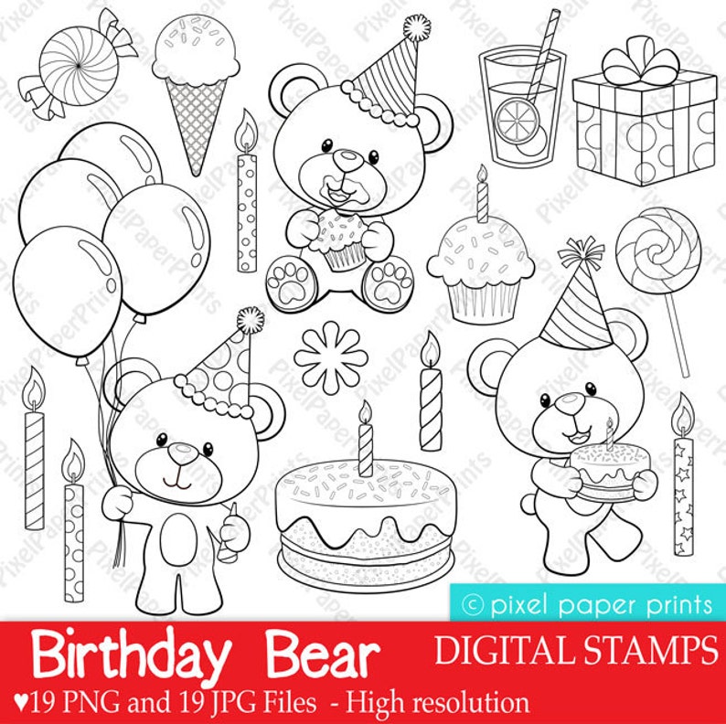 Birthday Bear Digital Stamps Clipart - Etsy