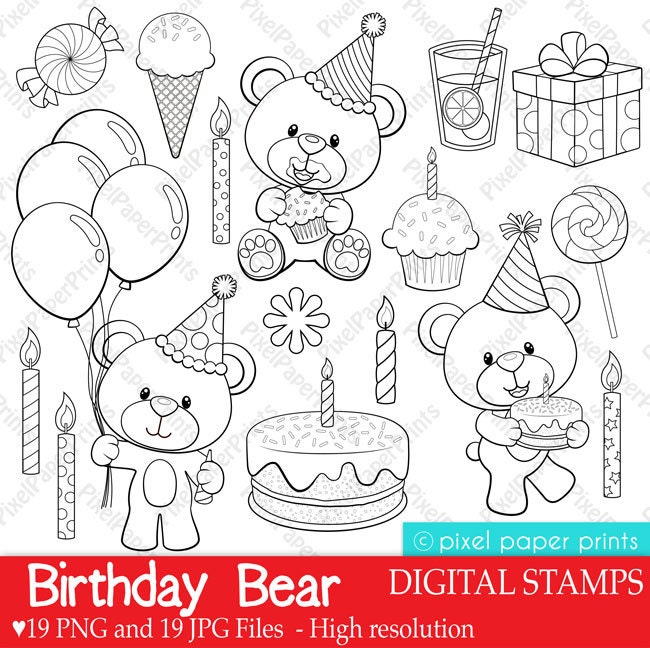 Birthday Bear Digital Stamps Clipart - Etsy