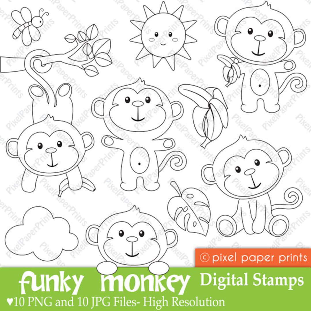 Monkey Digital Stamps - Line Art - Outlines - Clip Art - Printable ...