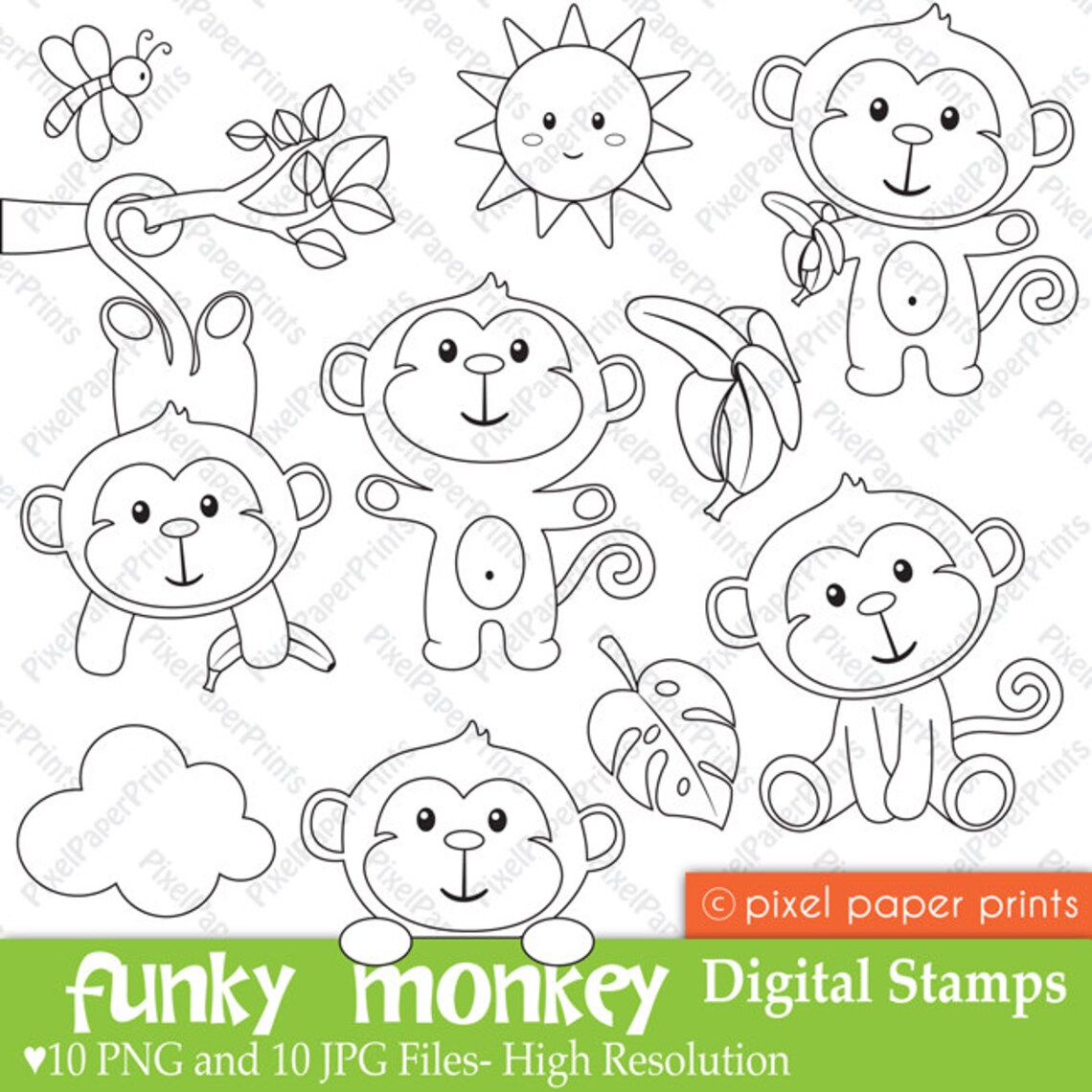 Monkey Digital Stamps - Line Art - Outlines - Clip Art - Printable ...