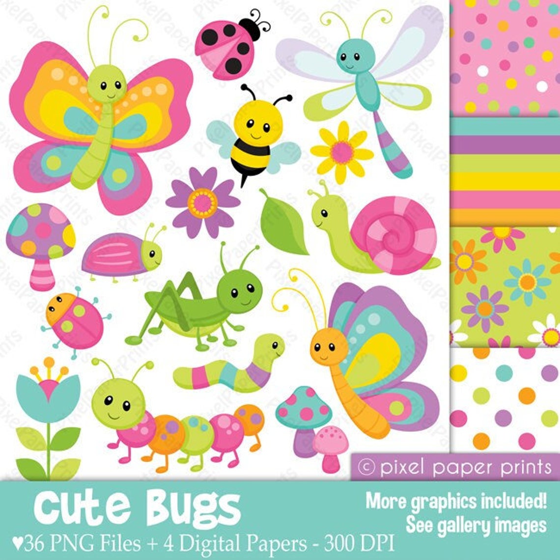 Cute Bugs Clipart and Digital Paper Set Digital Download | Etsy