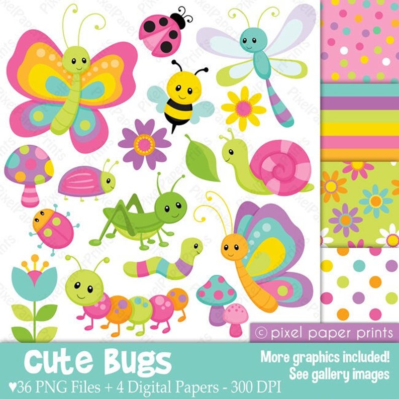 Cute Bugs Clipart and Digital Paper Set Digital Download - Etsy