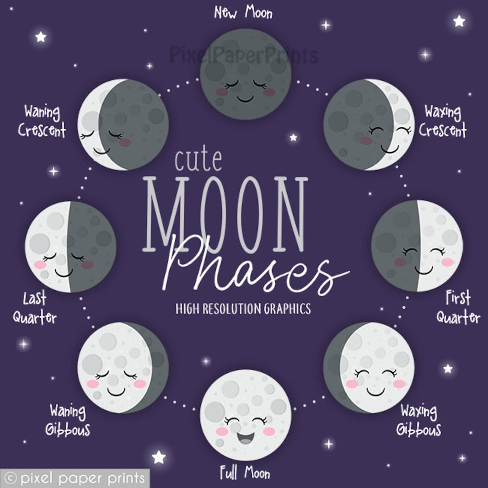 Cute Moon Phases Digital Download Moon Clip Art Moon - Etsy
