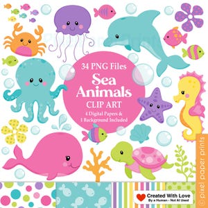 Buy Sea Animals Clipart PNG, Cute Ocean Animal Graphics and Printable ...