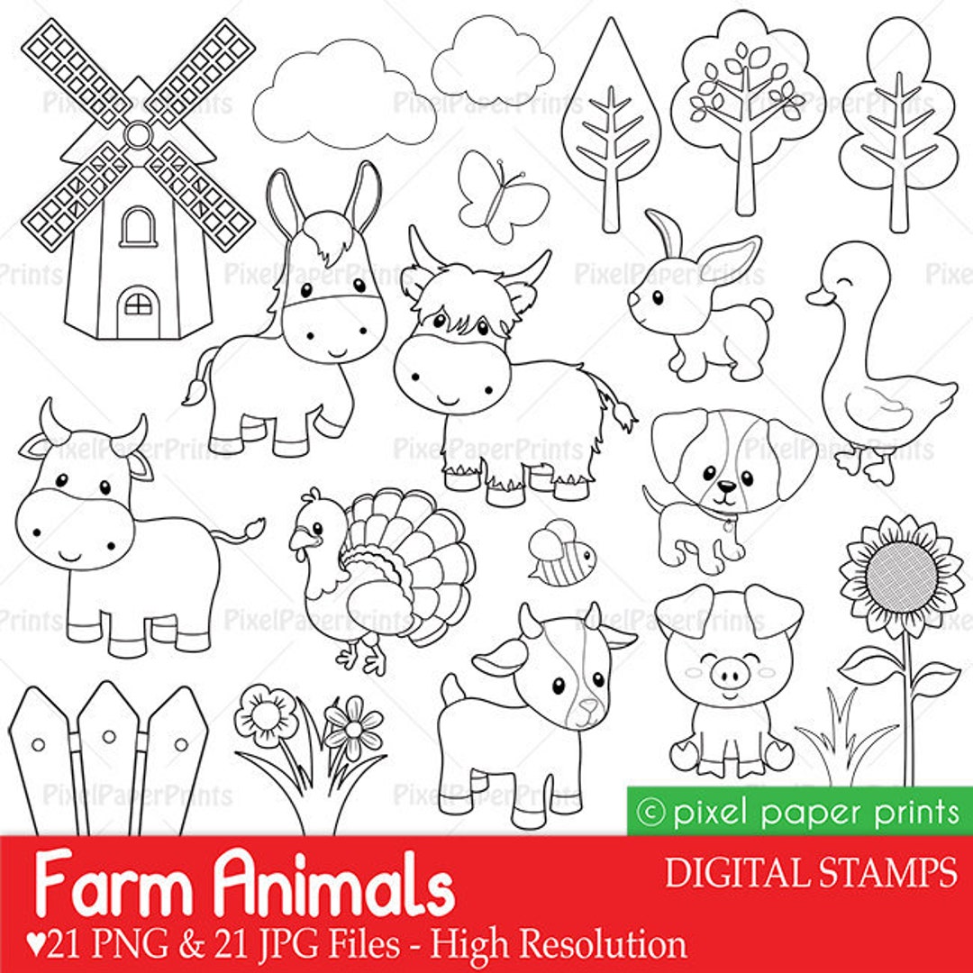 Farm Animals - Digital Stamps - Clip Art - Line Art - Digital Download ...