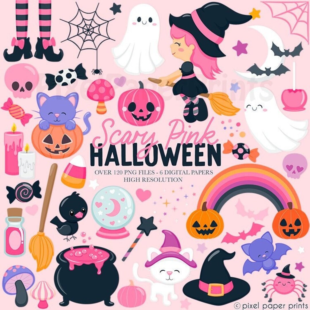 Scary Pink Halloween Clip Art and Digital Paper Set Cute - Etsy