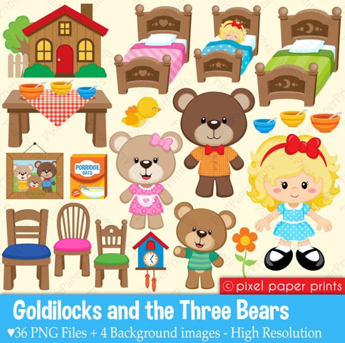 Goldilocks & the Three Bears - Clipart and Digital Paper Set - Digital ...