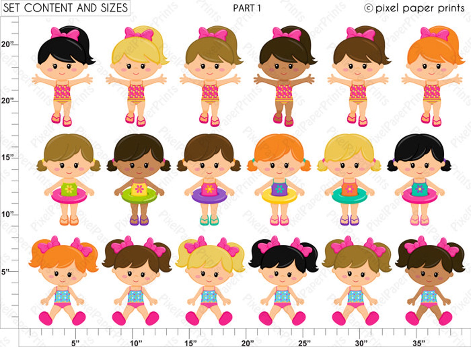 Girls at the Beach Clipart Clip Art and Digital Paper Set - Etsy